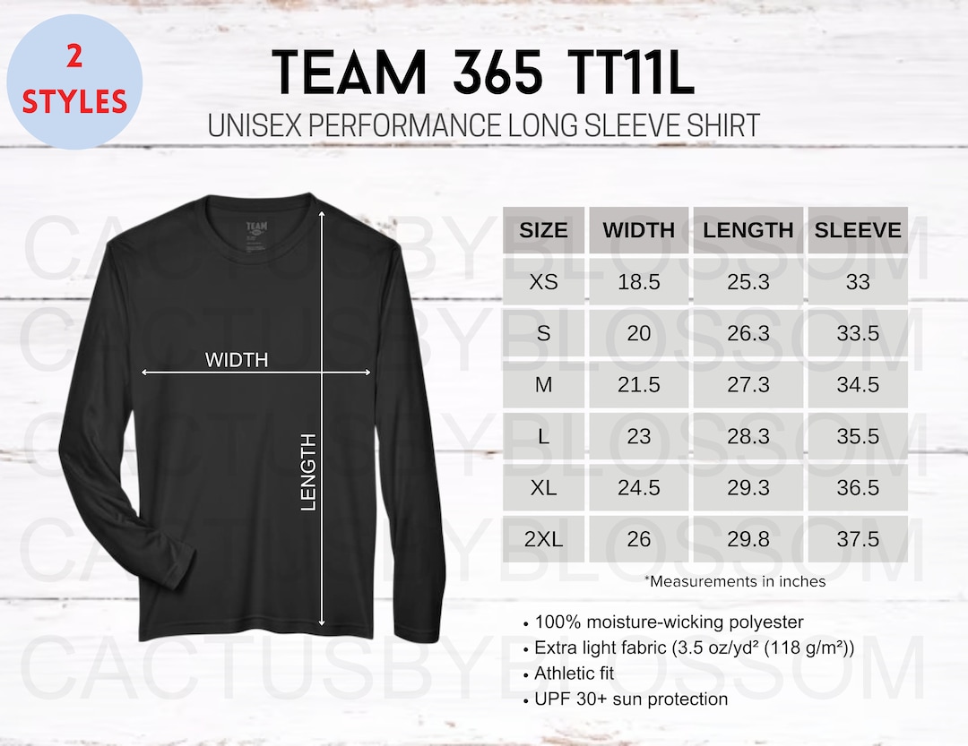 2 Size Chart Team 365 TT11L Mockup Etsy Tool Unisex Performance Long ...