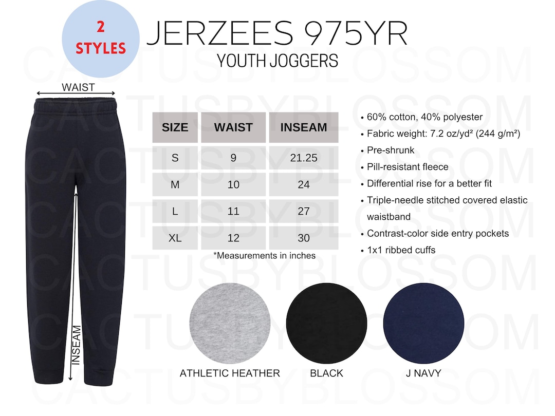 2 Size Chart Color Chart Jerzees 975YR Mockup Chart Youth Joggers ...