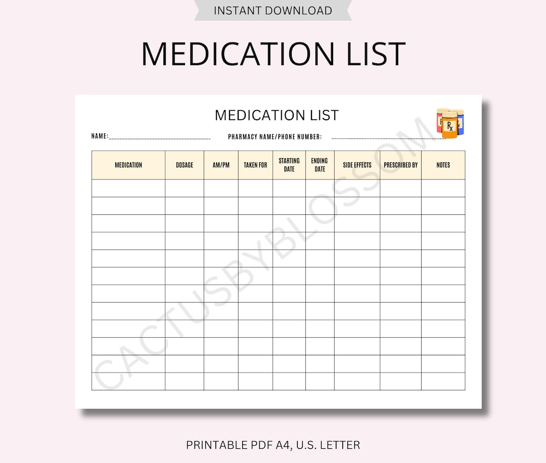 Medication List Medication Chart Medication Log Doctor Visit Medication ...