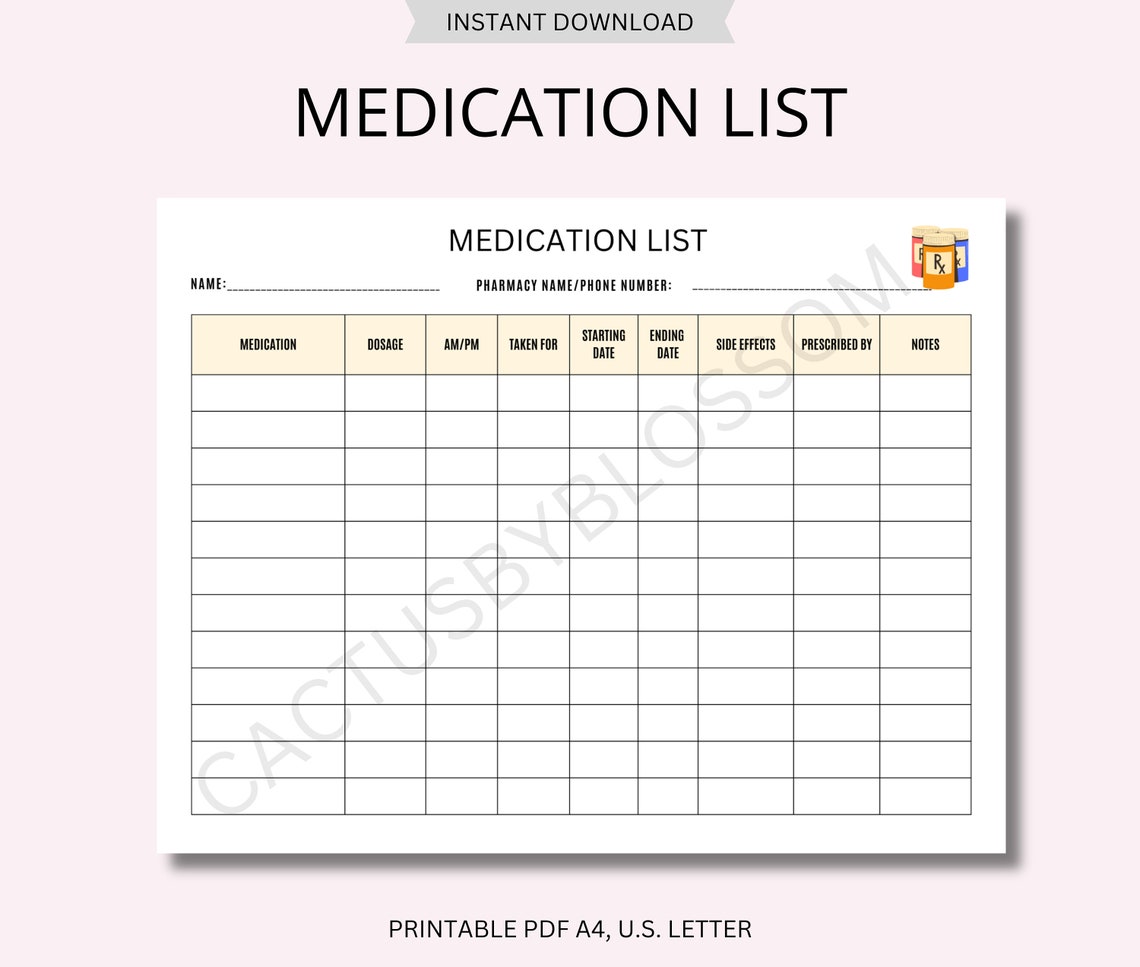 Medication List Medication Chart Medication Log Doctor Visit Medication ...