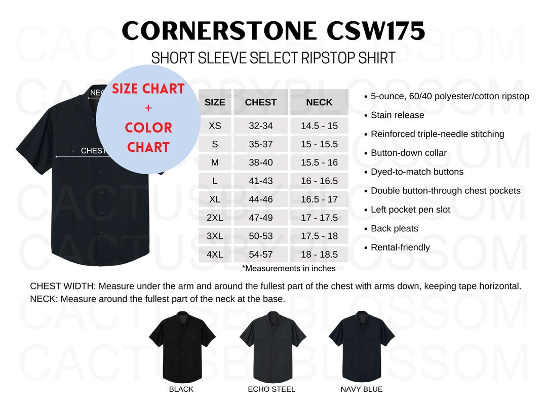 BUNDLE Size Chart Color Chart Cornerstone CSW175 Short Sleeve Select ...
