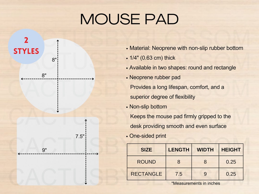 2 Size Chart Mouse Pad Round Rectangle Mockup Chart AOP All Over Print ...