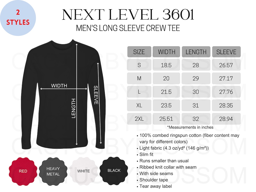 2 Size Chart Color Chart Next Level 3601 Mockup for Men's Long Sleeve ...