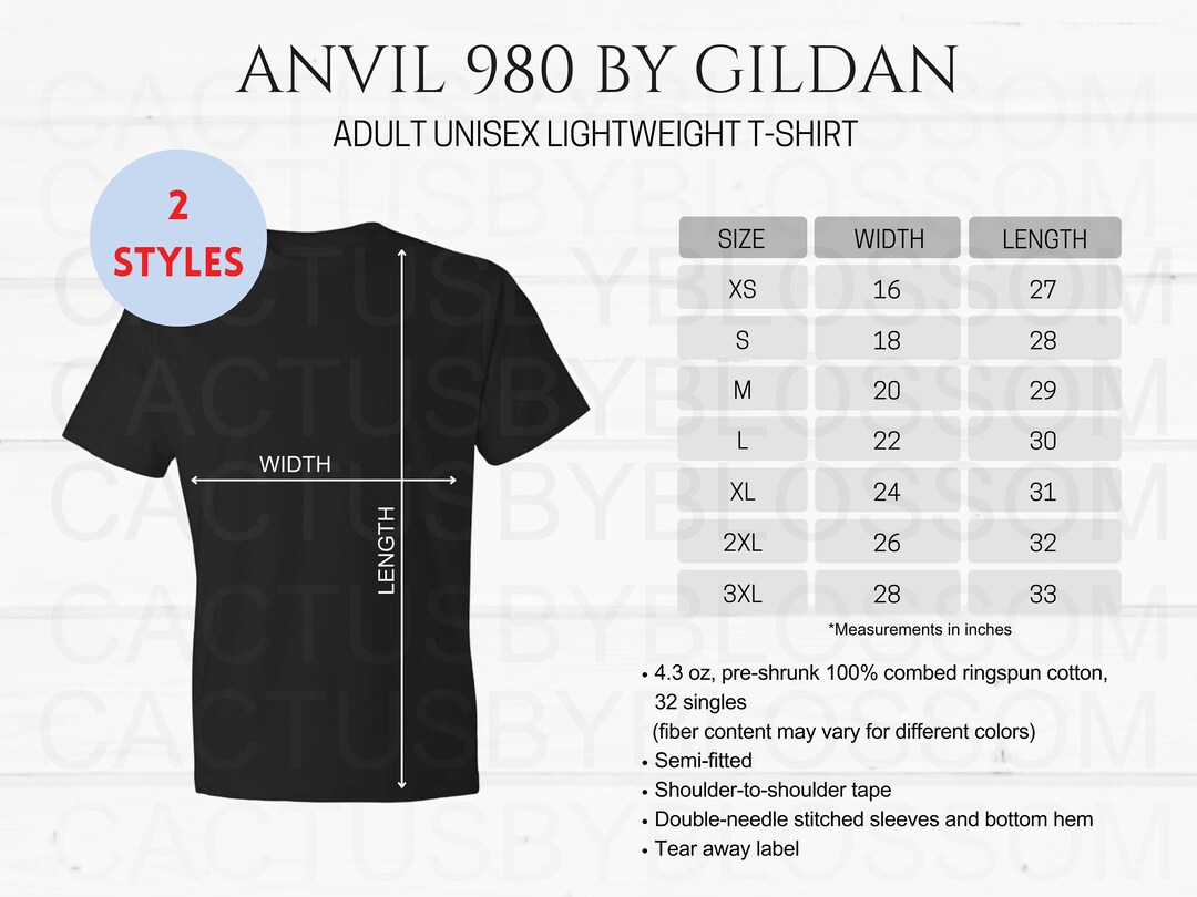 2 Size Chart Anvil by Gildan 980 Mockup Chart Anvil 980 Adult Unisex ...