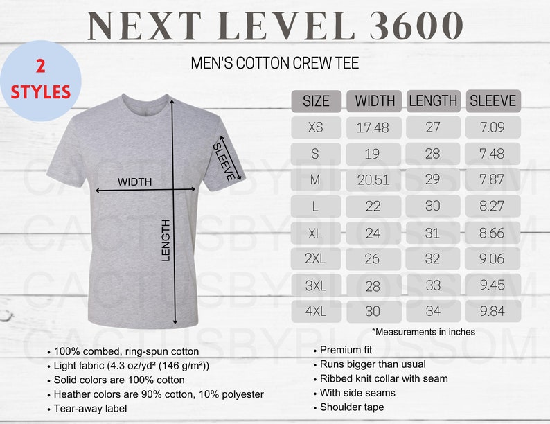 2 Size Chart Next Level 3600 Mockup for Men Cotton T-shirt Size Chart ...