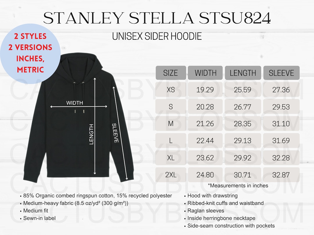 4 Size Chart Stanley Stella STSU824 Unisex Sider Hoodie Size Chart Etsy ...