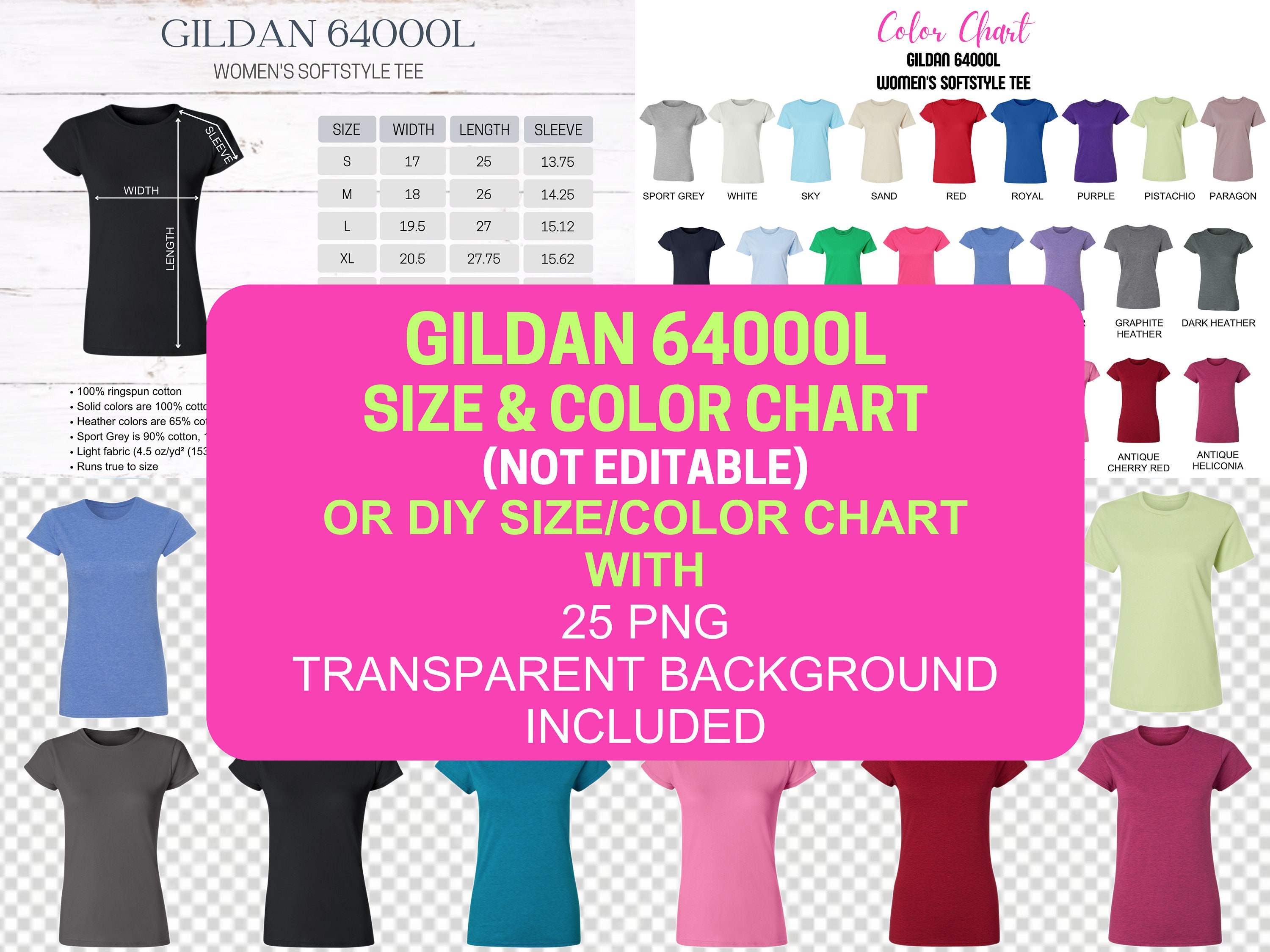 BUNDLE Size Chart Color Chart DIY Chart Gildan 64000L Mockup Chart ...