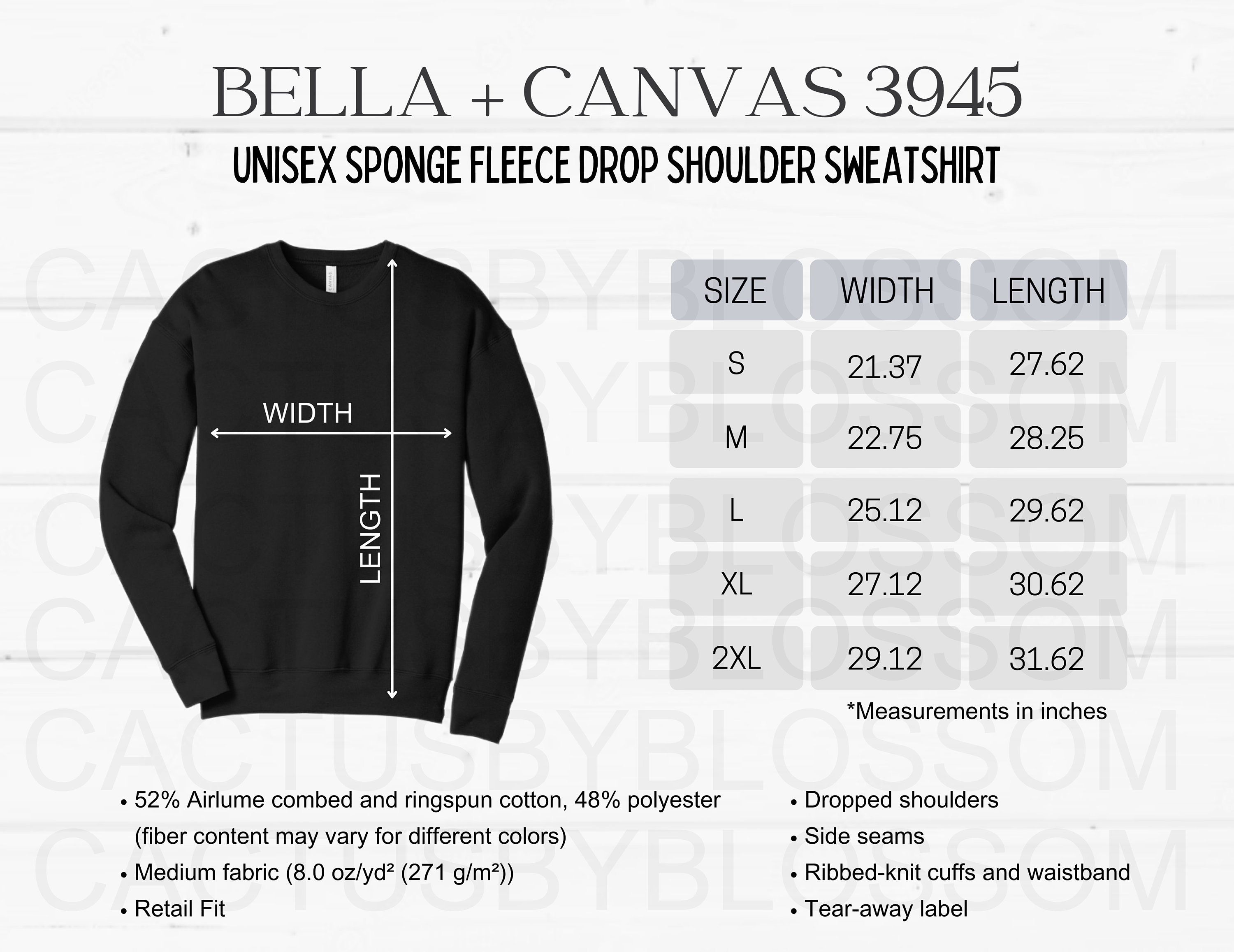 3 Size Chart Bella + Canvas 3945 Mockup Unisex Sponge Fleece Drop ...