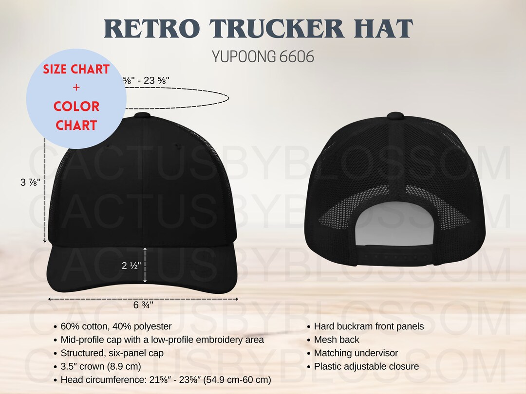 BUNDLE Size Chart Color Chart Retro Trucker Hat Yupoong 6606 Mockup Sizing Chart Etsy POD Mock ...