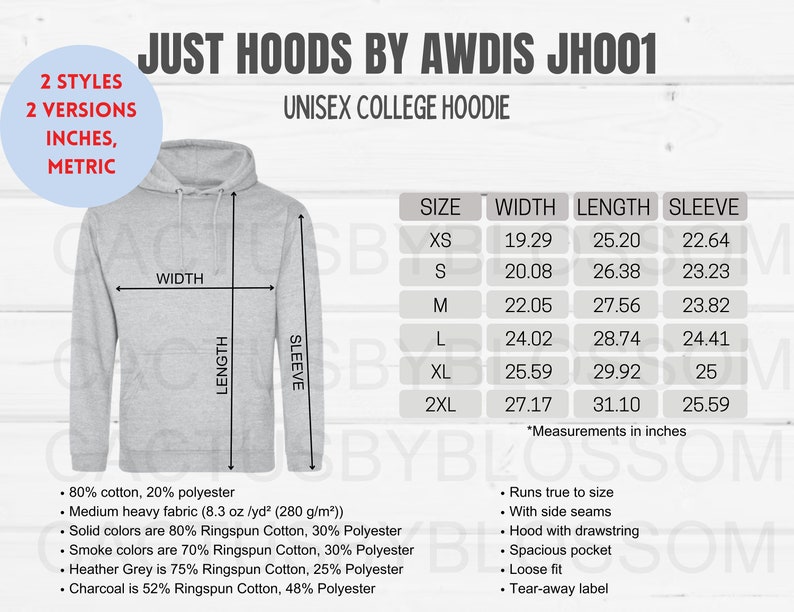 4 Size Chart Just Hoods by AWDIS JH001 Mockup Etsy Tool Unisex College ...