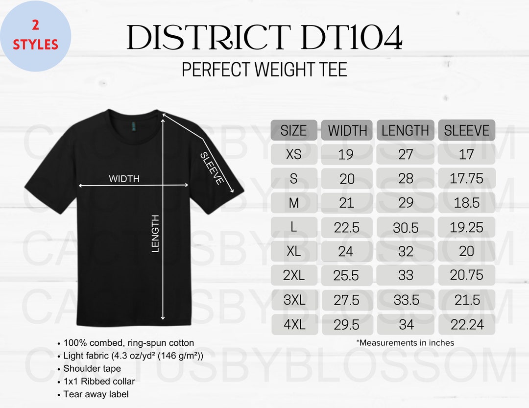 2 Size Chart District DT104 Mockup Chart Listing Tool Perfect Weight ...