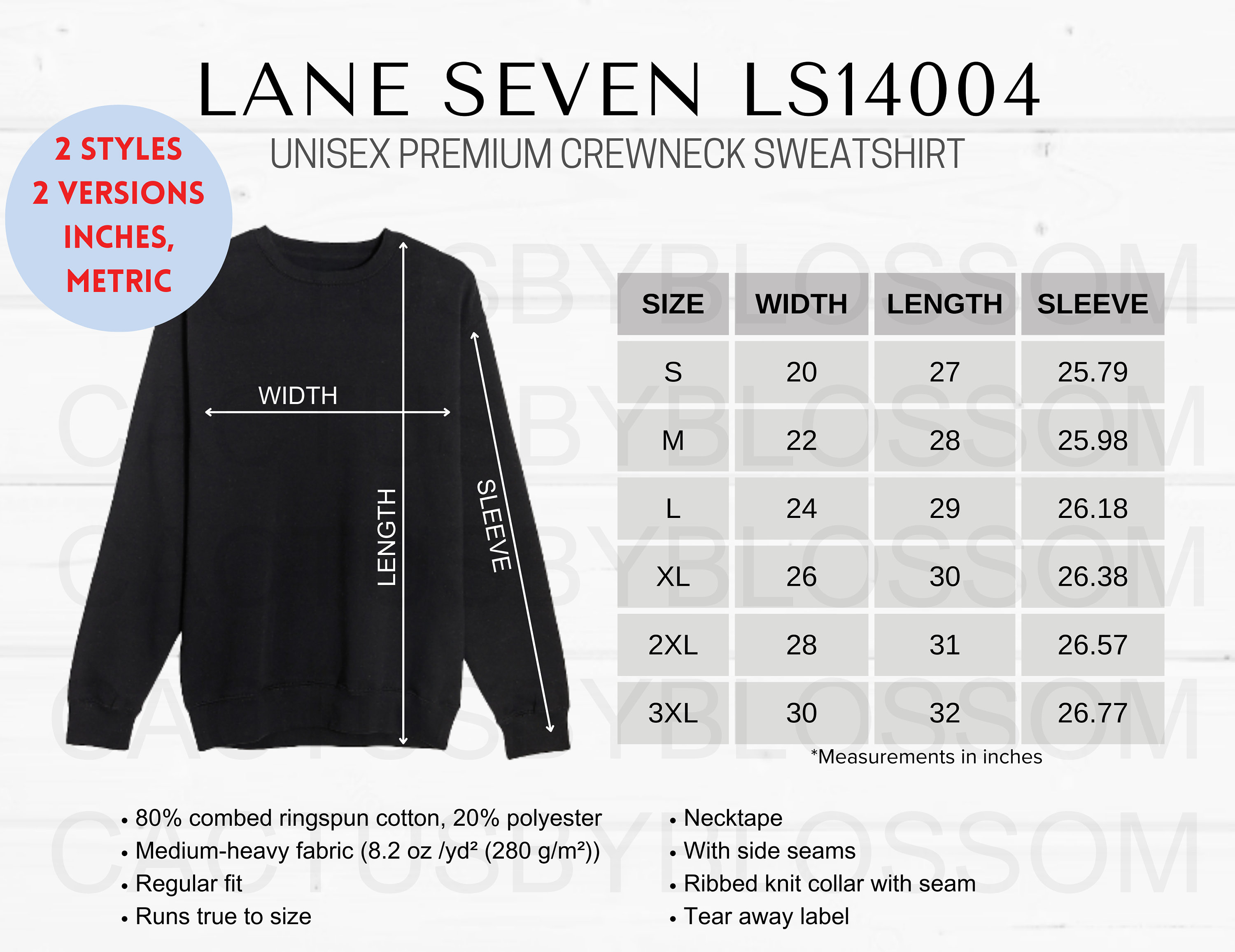 4 Size Chart Lane Seven LS14004 Mockup Chart Unisex Premium Crewneck ...