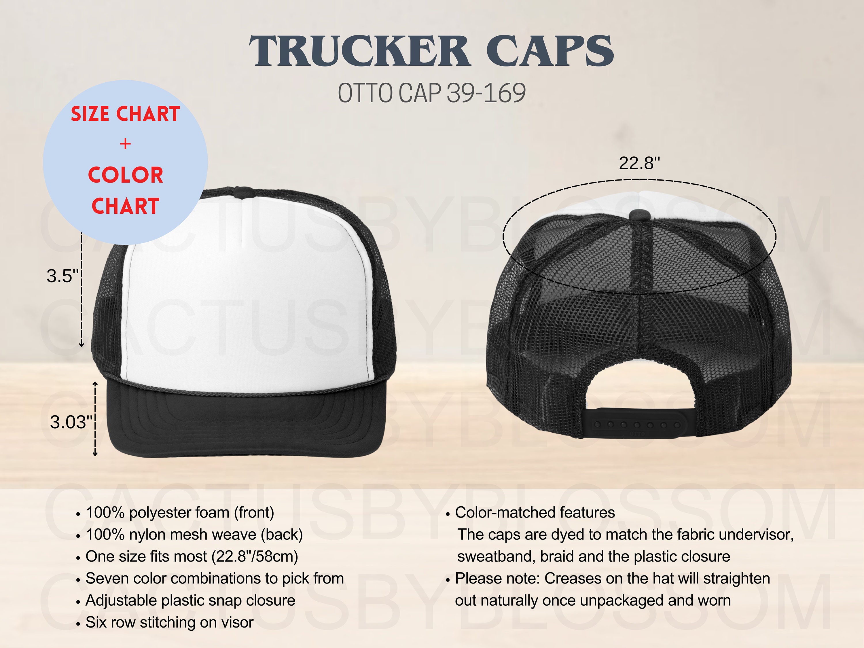 BUNDLE Size Chart Color Chart Trucker Caps Otto Cap 39-169 Mockup Size ...
