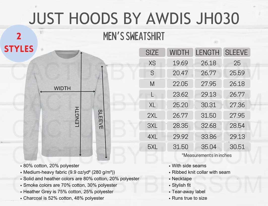 2 Size Chart Just Hoods by AWDIS JH030 Mockup Etsy Tool Men's ...