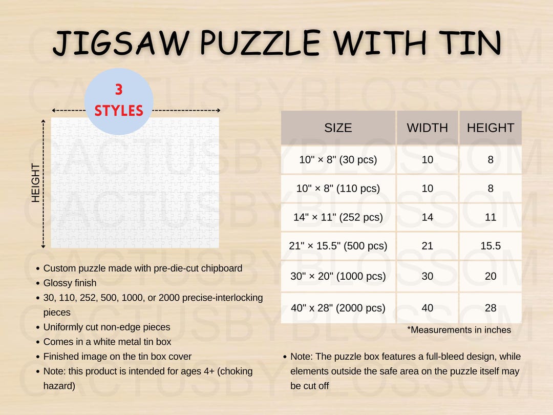 3 Size Chart Jigsaw Puzzle With Tin 30, 110, 252, 500, 1000, or 2000 ...