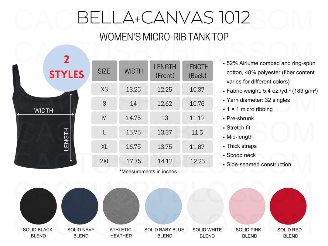 2 Size Chart Color Chart Chart Bella + Canvas 1012 Mockup Tool Women's Micro-rib Tank Top Etsy ...