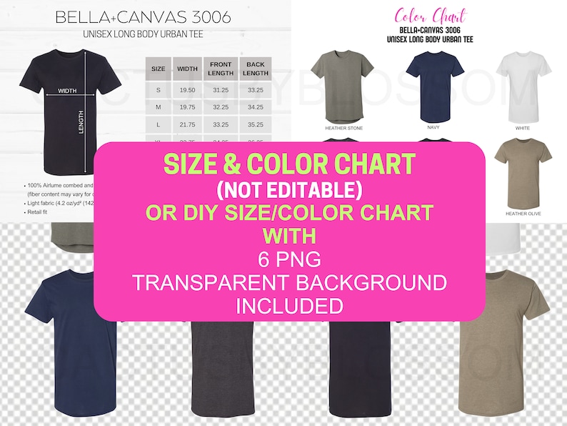 BUNDLE Size Chart Color Chart DIY Canva Bella Canvas 3006 Mockup Tool ...