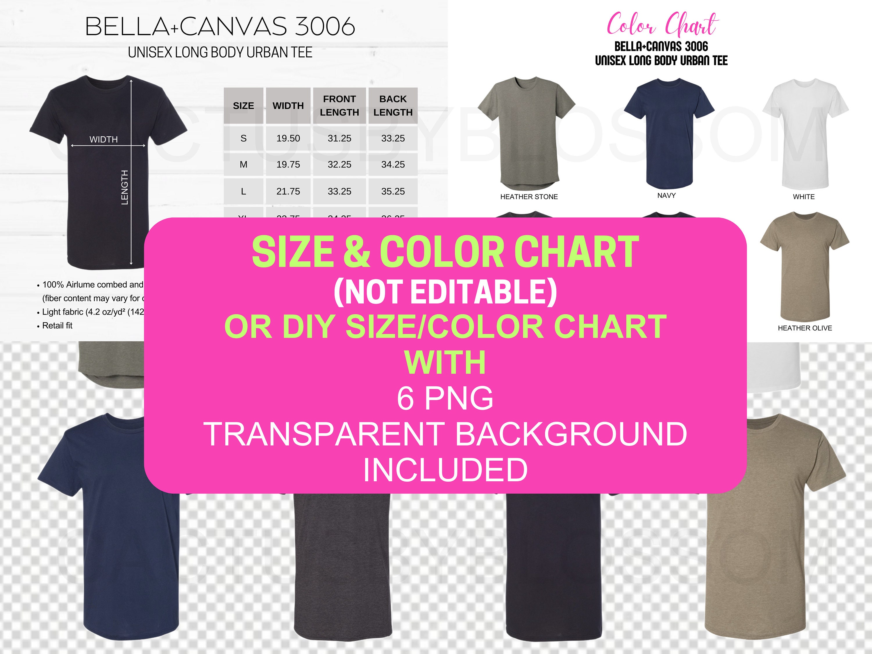 BUNDLE Size Chart Color Chart DIY Chart Bella Canvas 3006 Mockup Tool ...