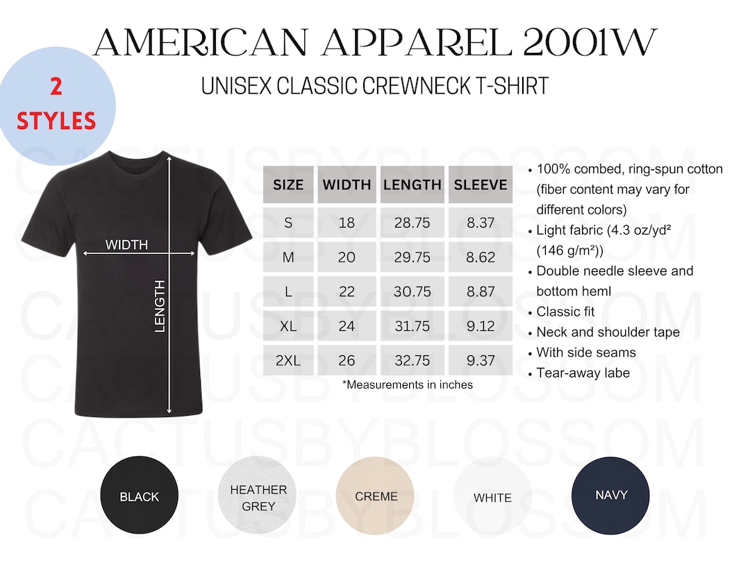 2 Size Chart Color Chart American Apparel 2001W Mockup Chart Unisex Classic Crewneck T-shirt ...