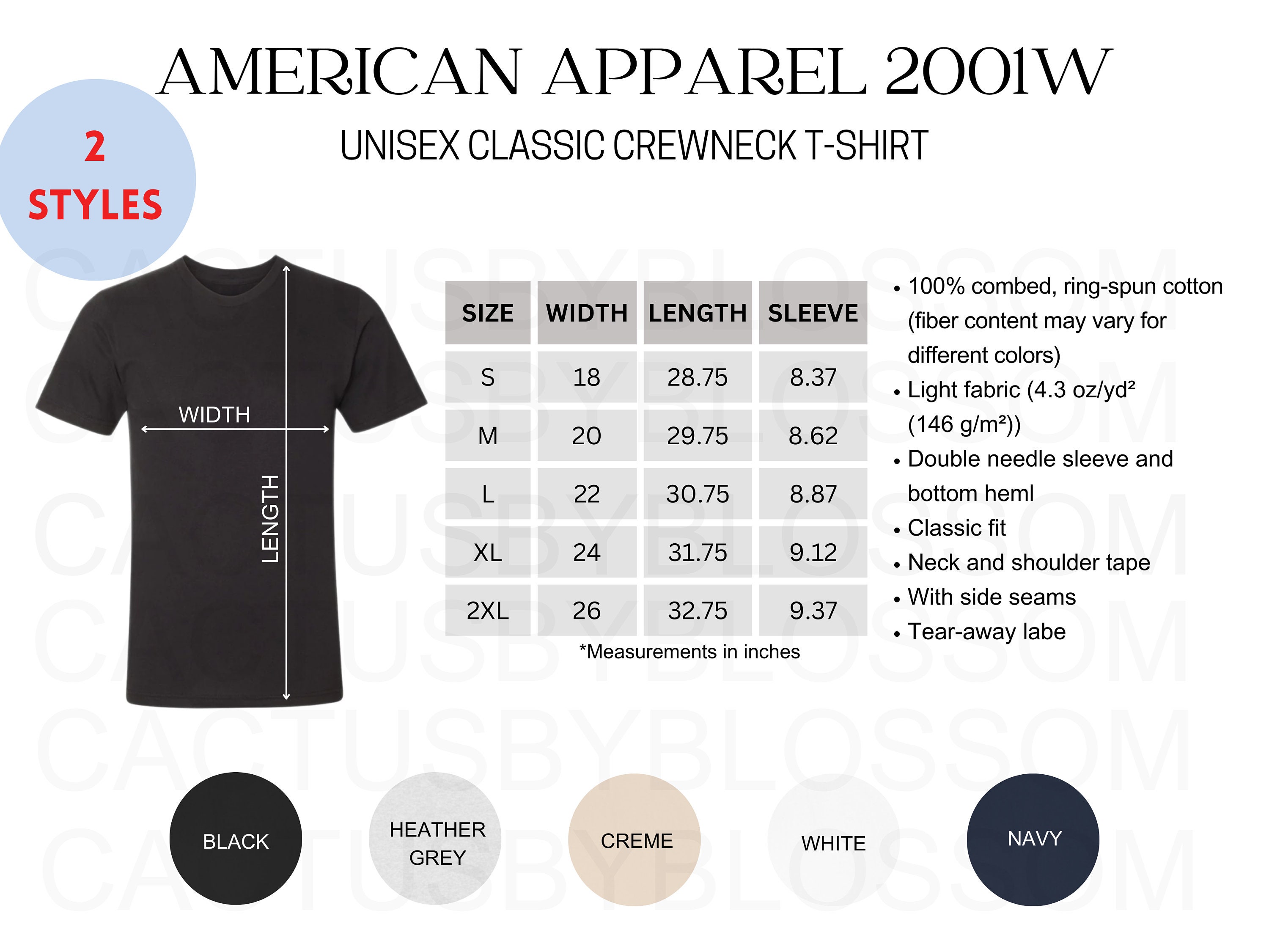 2 Size Chart Color Chart American Apparel 2001W Mockup Chart - Etsy