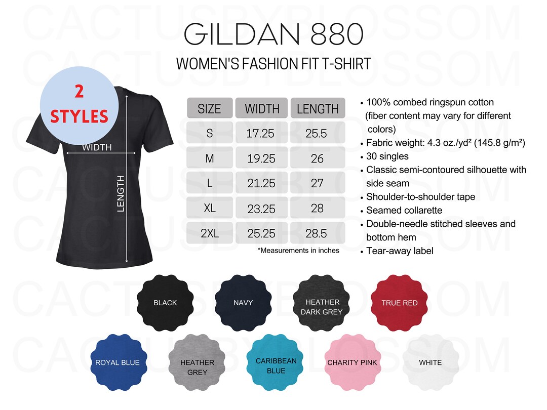 2 Size Chart Color Chart Gildan 880 Women's Fashion Fit T-shirt Etsy ...