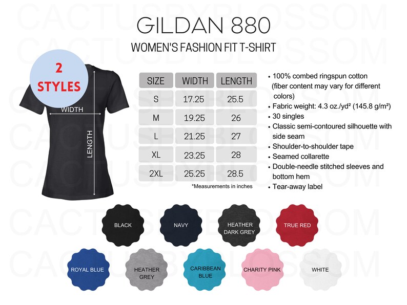 2 Size Chart Color Chart Gildan 880 Women's Fashion Fit T-shirt Etsy ...