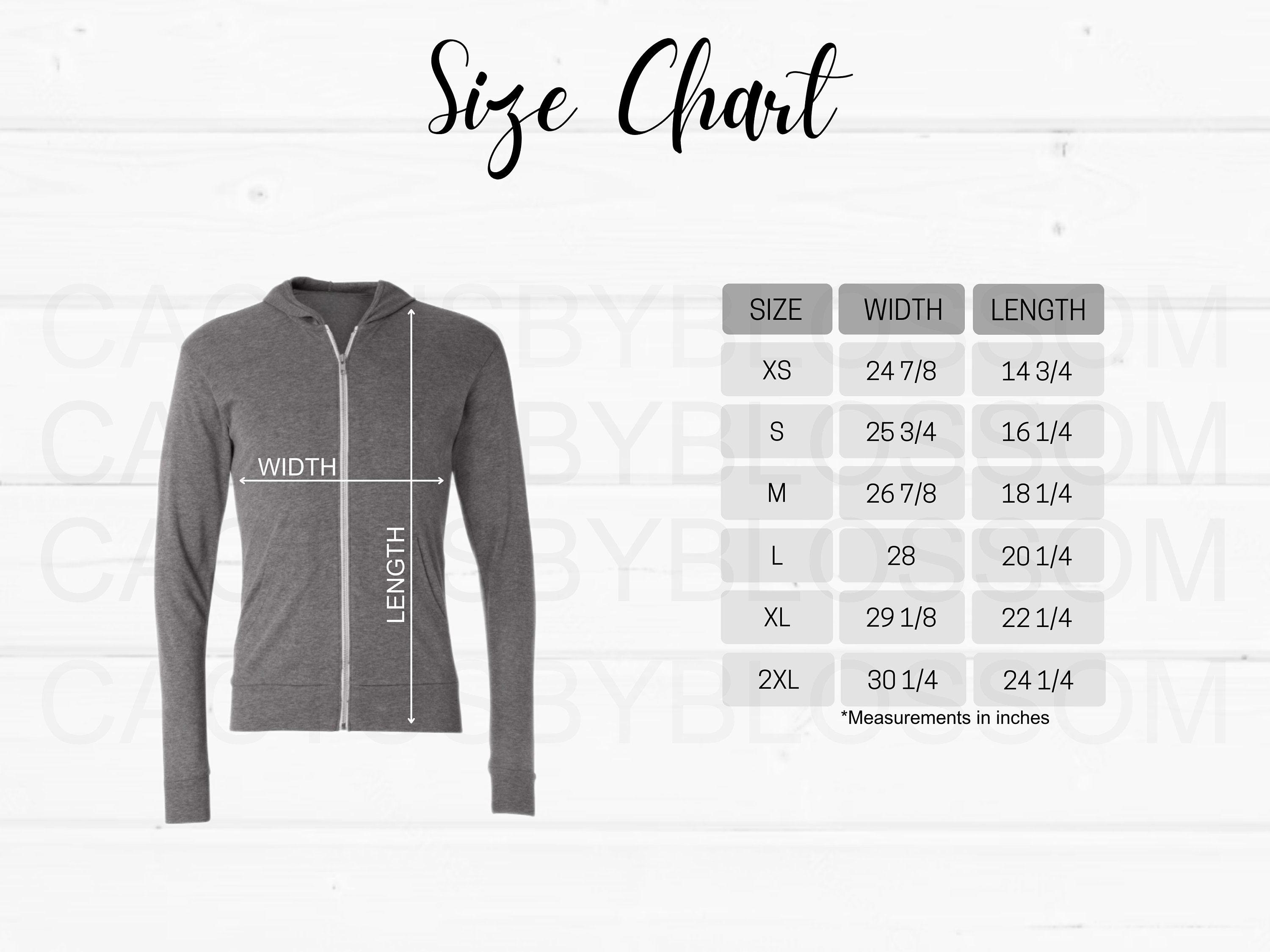 2 Size Chart Bella + Canvas 3939 Mockup Unisex Lightweight Zip Hoodie ...