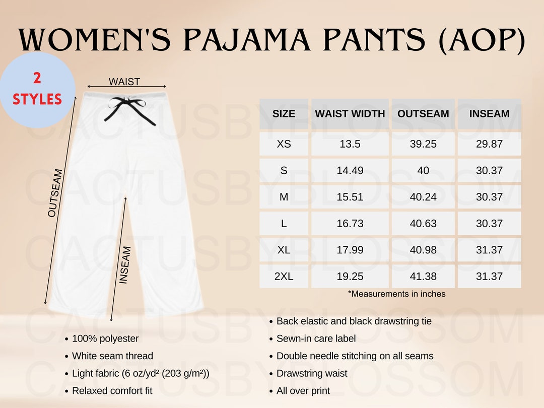 2 Size Chart Women's Pajama Pants Mockup Chart AOP All Over Print Size ...