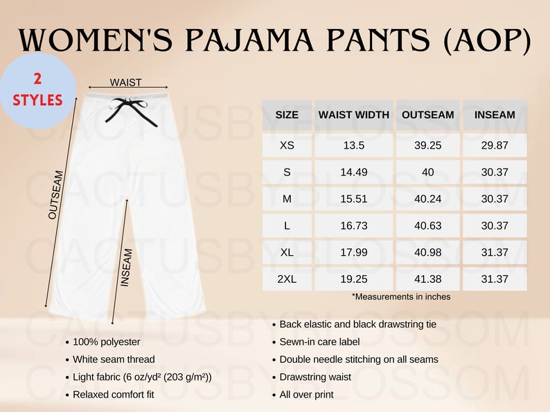 2 Size Chart Women's Pajama Pants Mockup Chart AOP All Over Print Size ...