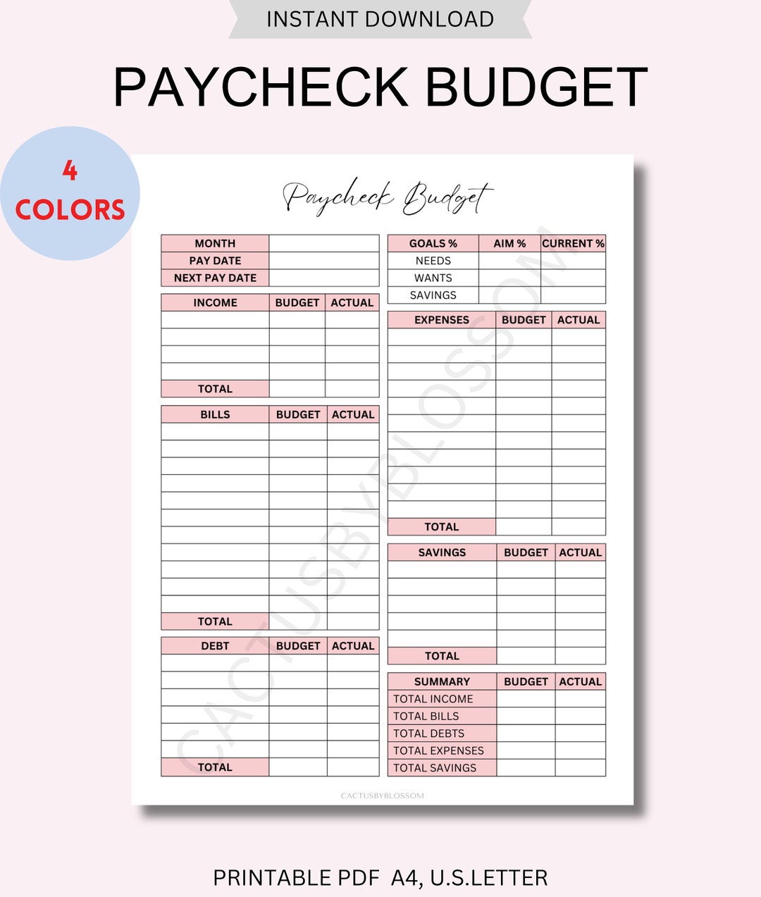 4 Colors Paycheck Budget Planner Printable Budget Overview Template ...