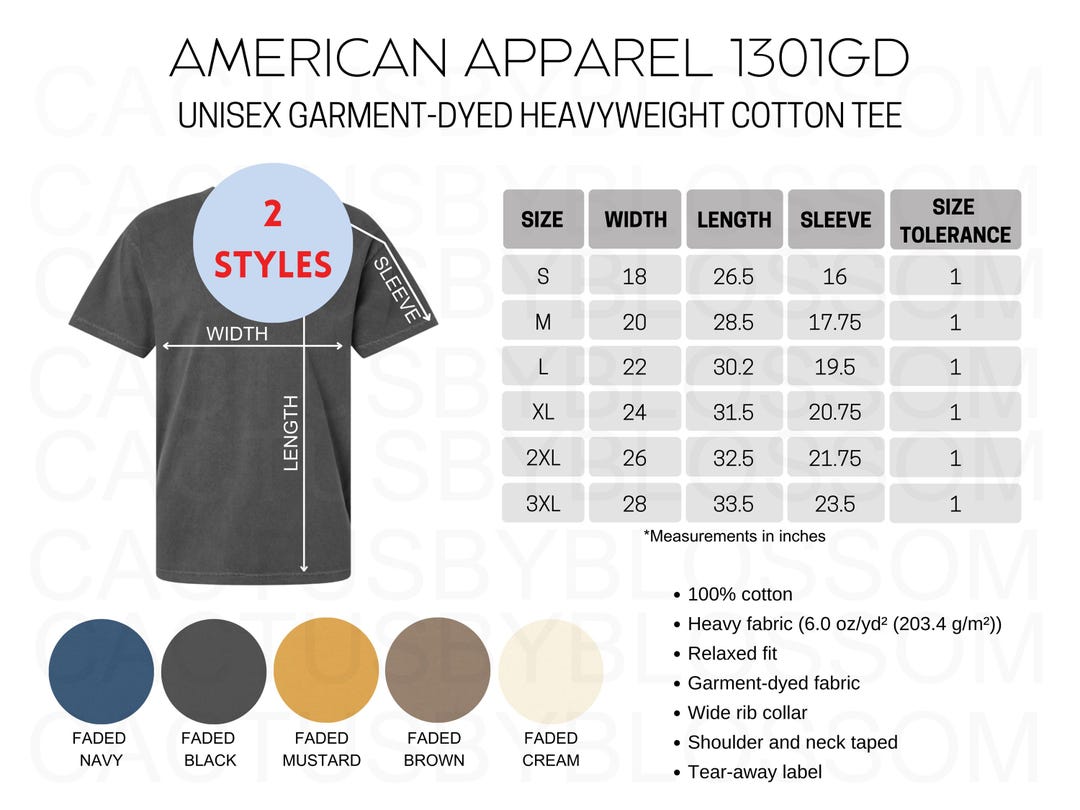 2 Size Chart American Apparel 1301GD Mockup Chart Unisex Garment-dyed ...