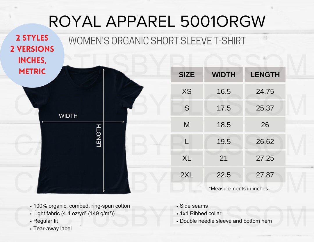 4 Size Chart Royal Apparel 5001ORGW Mockup Chart Women's Organic Short ...