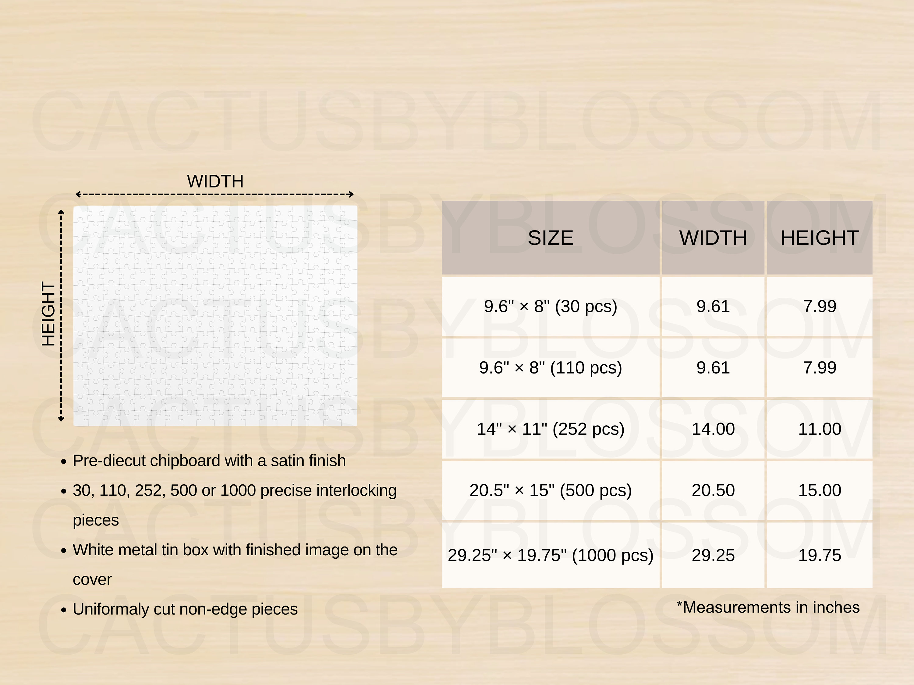 2 Size Chart Jigsaw Puzzle 30, 110, 252, 500, 1000 Piece Mockup Chart AOP All Over Print Size ...