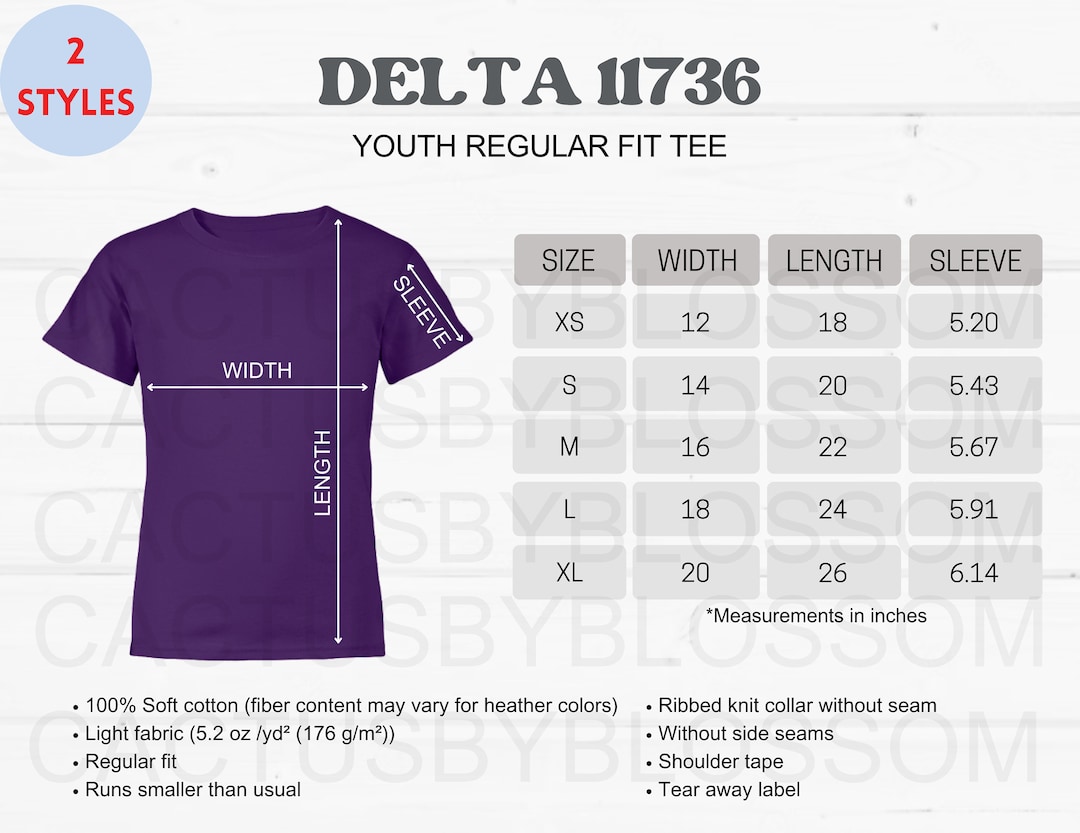 2 Size Chart Delta 11736 Mockup Kids Youth Regular Fit Tee Size Chart ...