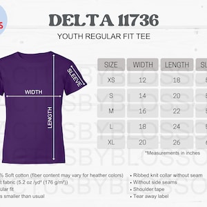2 Size Chart Delta 11736 Mockup Kids Youth Regular Fit Tee Size Chart ...