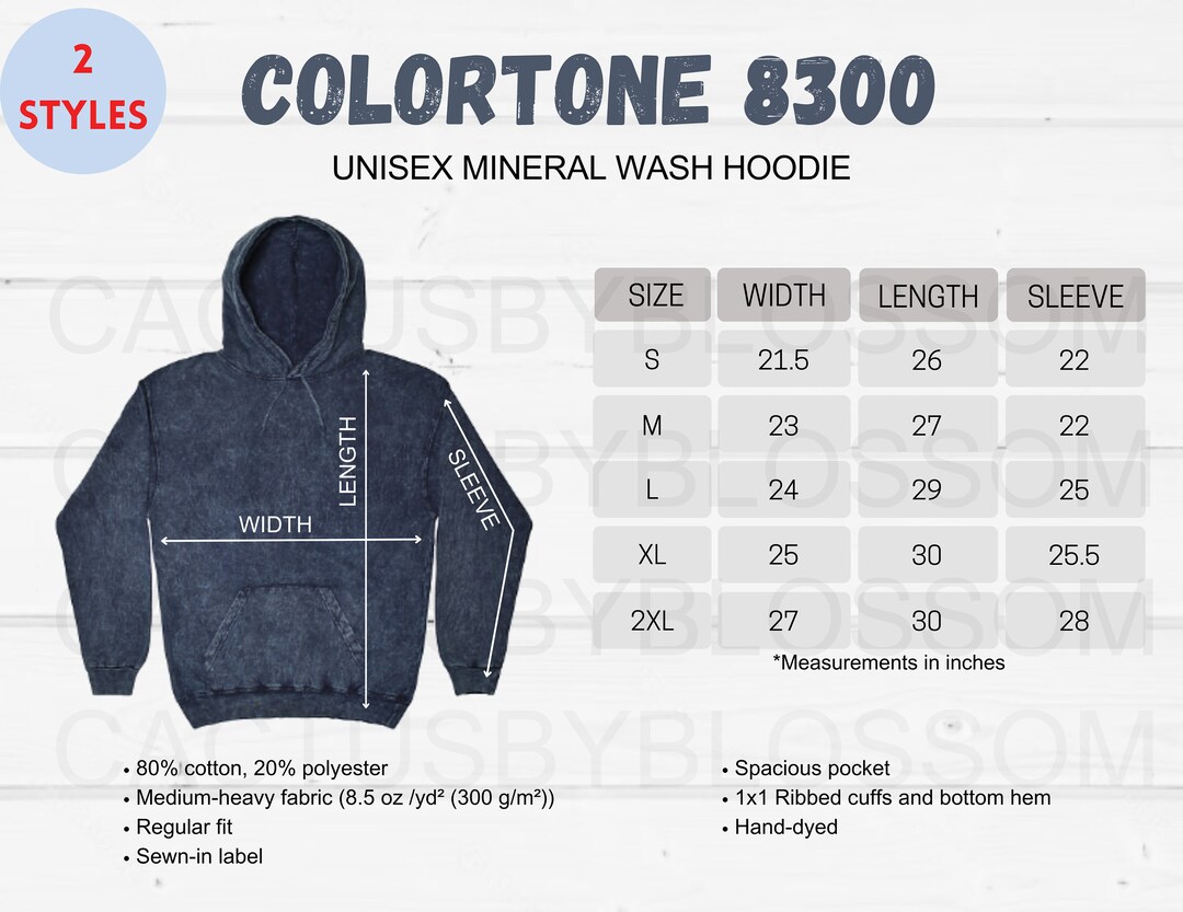 2 Size Chart Colortone 8300 Mockup Chart for Unisex Mineral Wash Hoodie ...