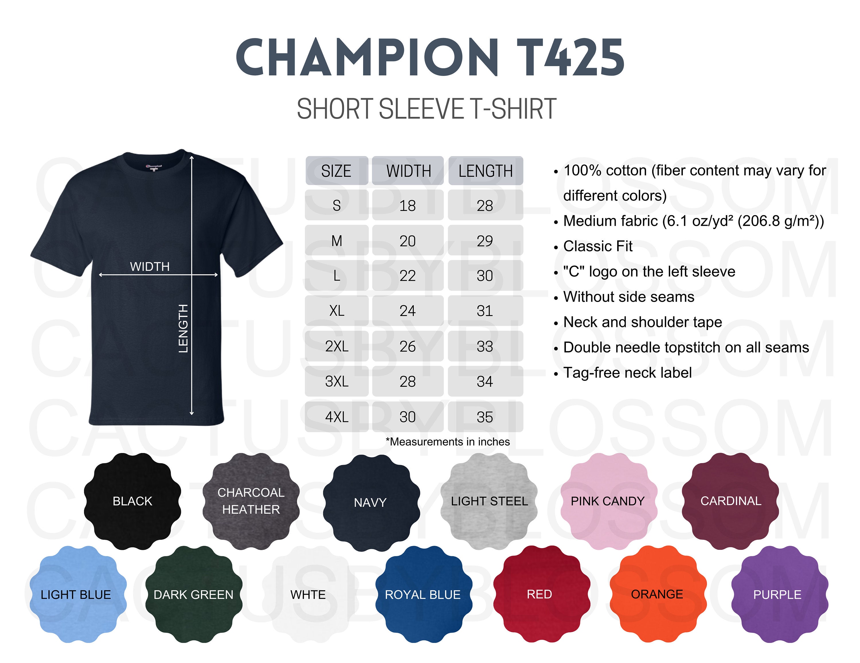 2 Size Chart Color Chart Champion T425 Mockup Etsy Tool Short Sleeve T ...