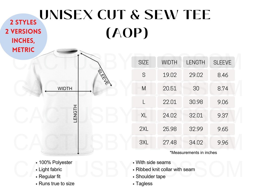 4 Size Chart Unisex Cut and Sew Tee Mockup Chart AOP All Over Print ...