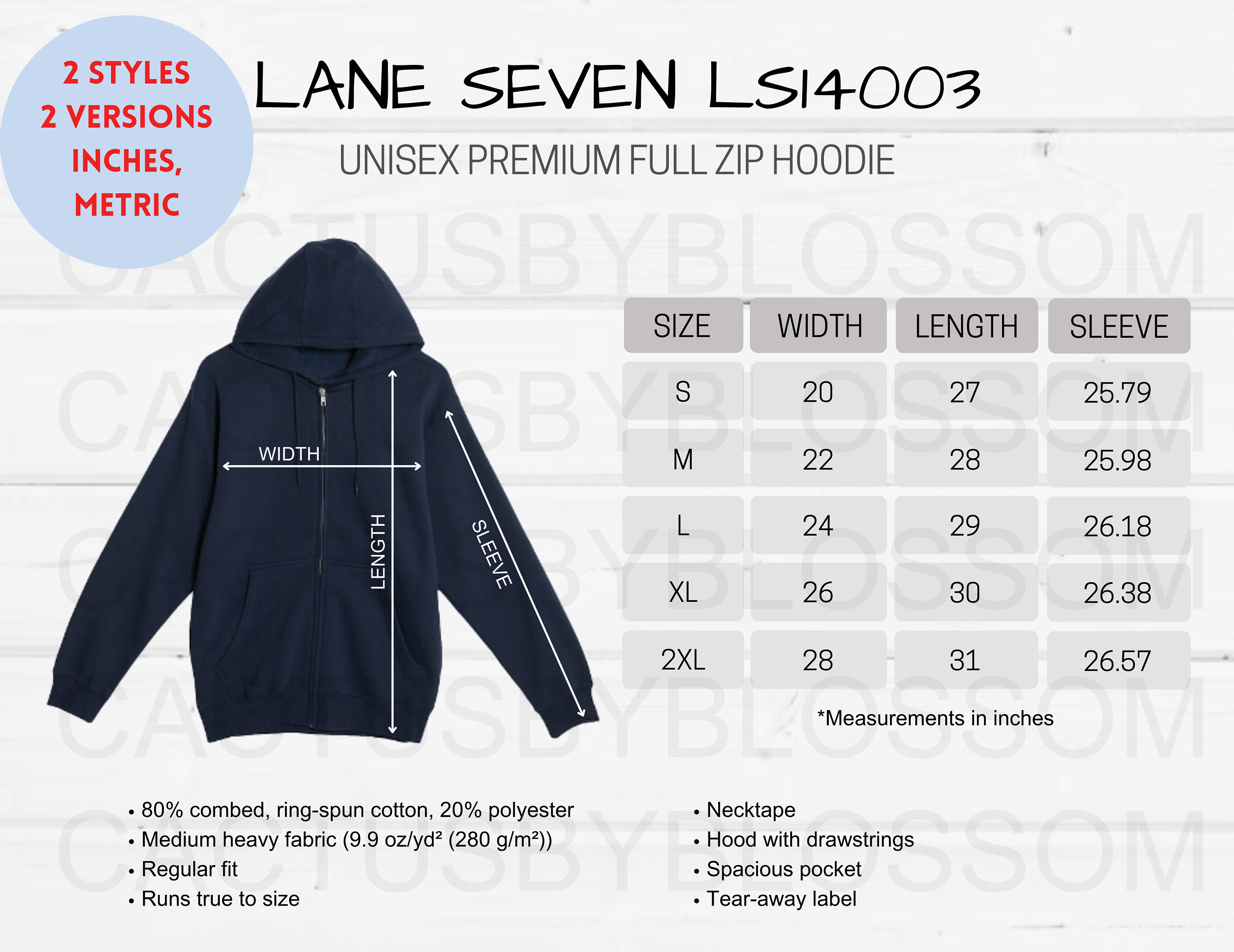 4 Size Chart Lane Seven LS14003 Mockup Chart Unisex Full Zip Hoodie ...