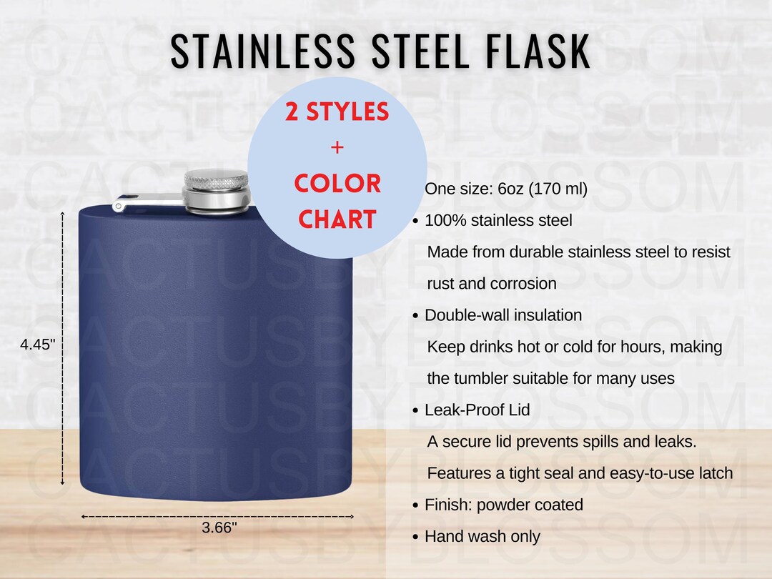 BUNDLE Size Chart Color Chart 6oz Stainless Steel Flask 6 Oz With Straw ...