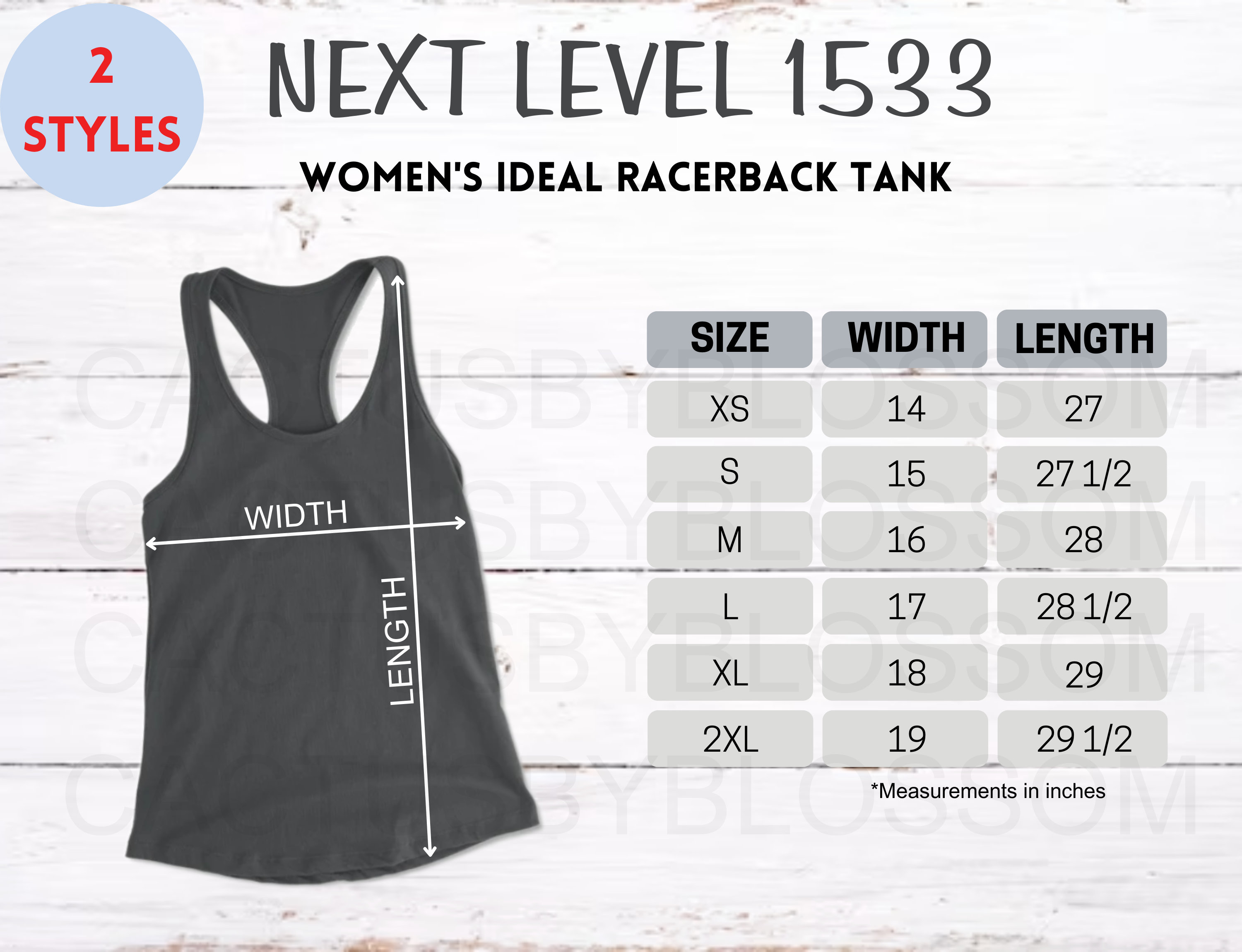 2 Size Chart Next Level 1533 Mockup for Ladies Ideal Racer Back Size ...