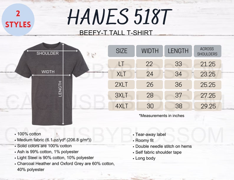 2 Size Chart Hanes 518T Mockup Chart for Beefy-t Tall T-shirt Sizing ...
