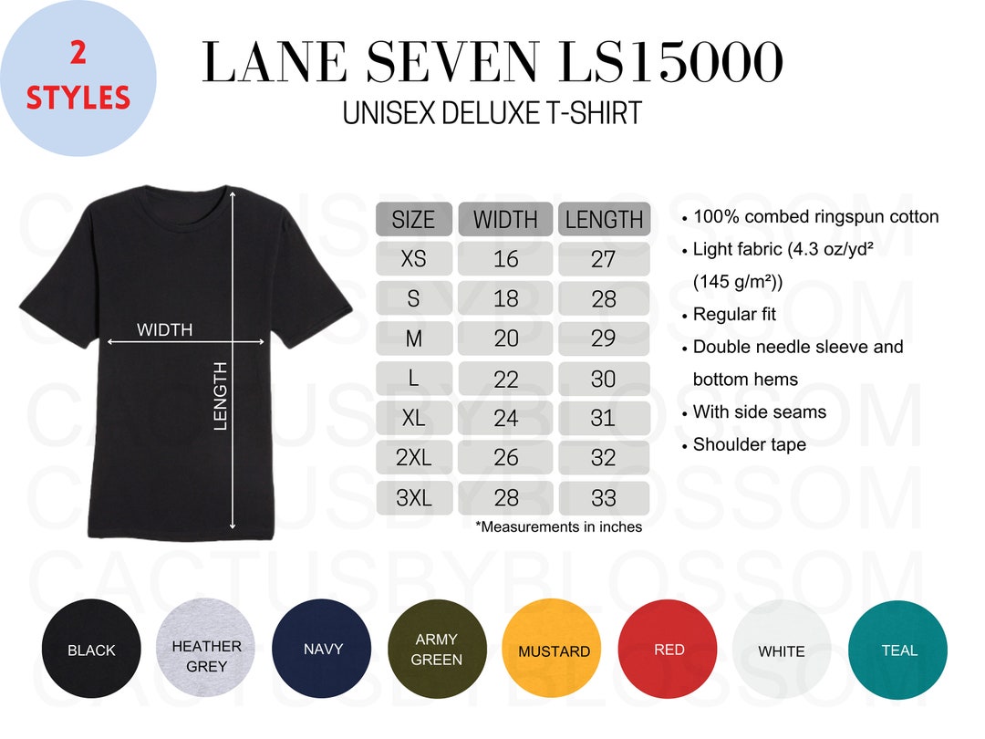 2 Size Chart Color Chart Lane Seven LS15000 Mockup Chart Unisex Deluxe ...