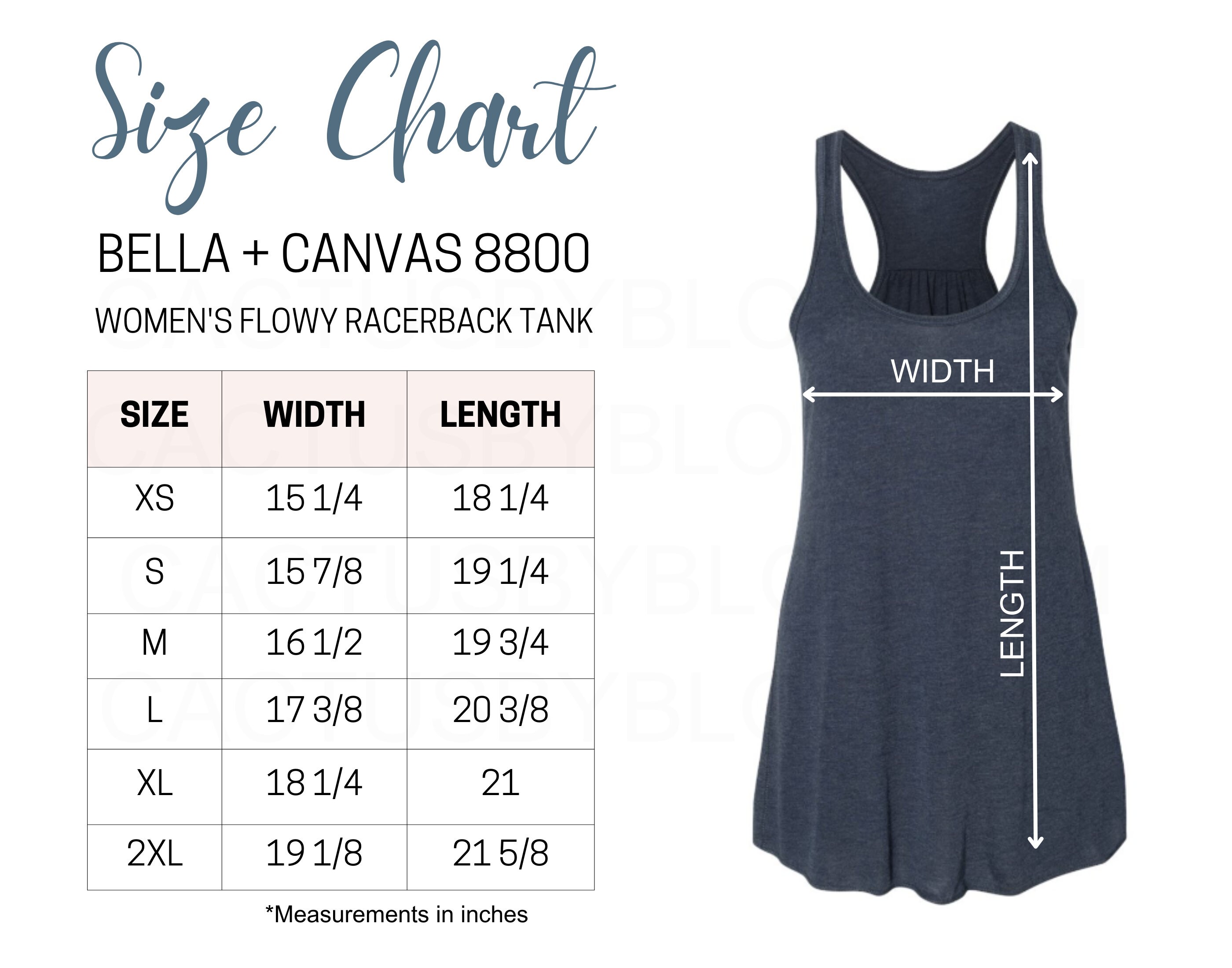3 Size Chart Bella Canvas 8800 Mockup for Women Flowy Racerback Size ...