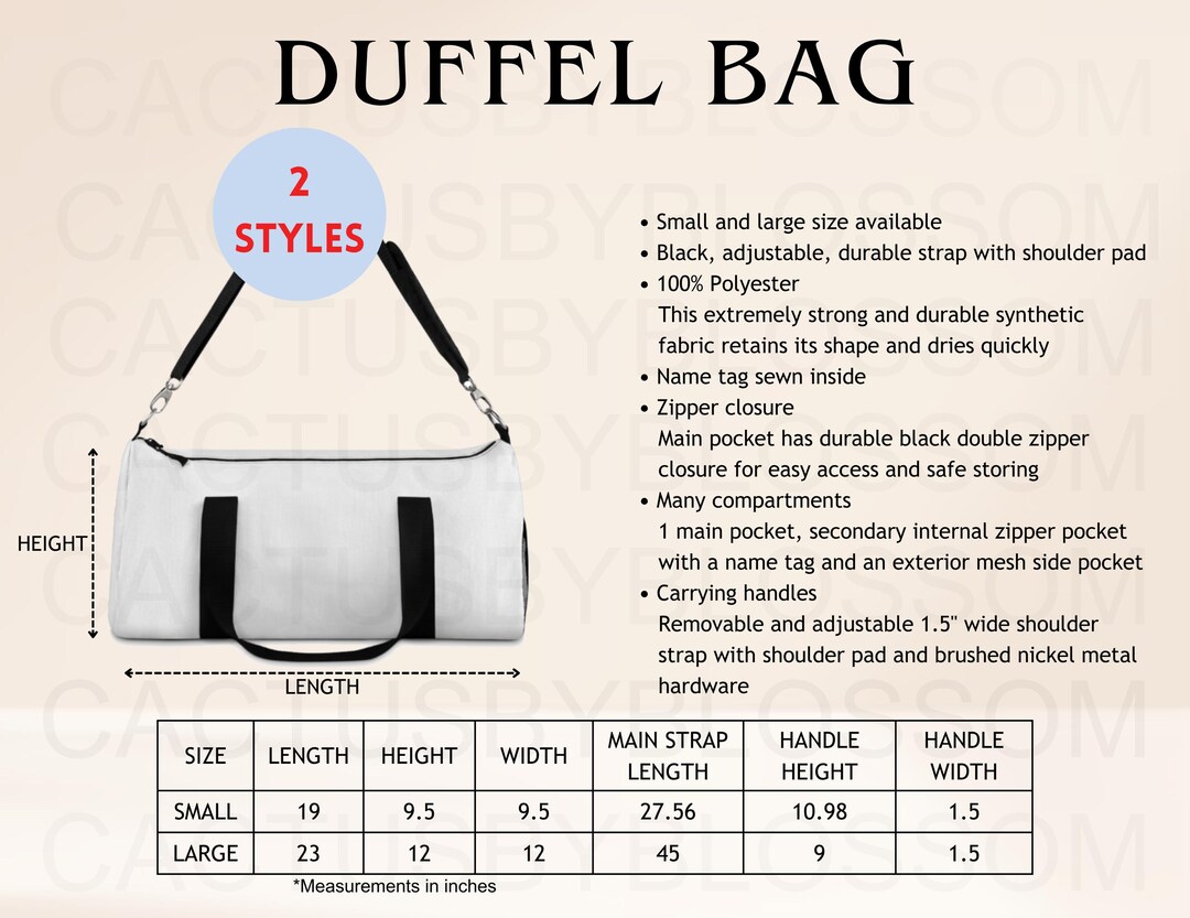 Size Chart Duffel Bag Mockup Chart Travel Duffel Bag Sizing Chart Etsy ...