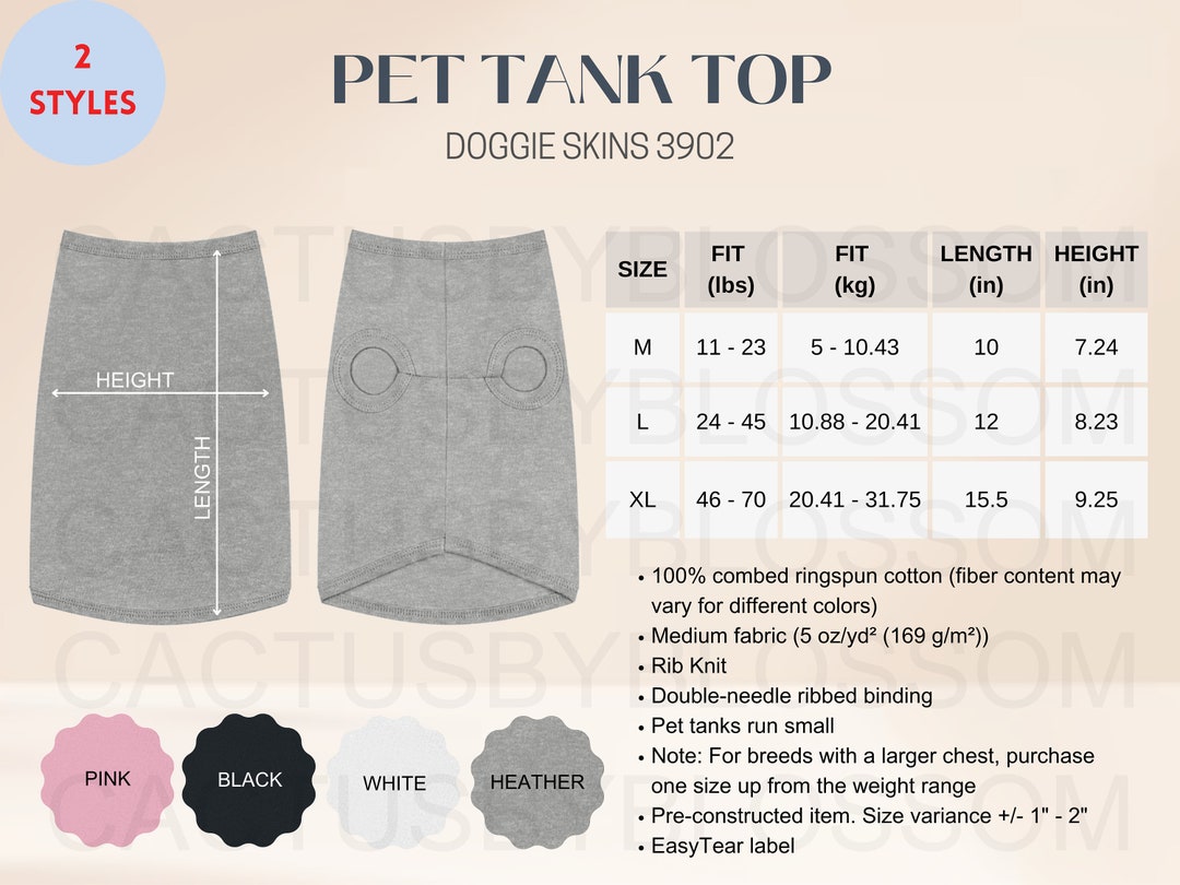2 Size Chart Color Chart Pet Tank Top Doggie Skins 3902 Mockup Sizing M ...