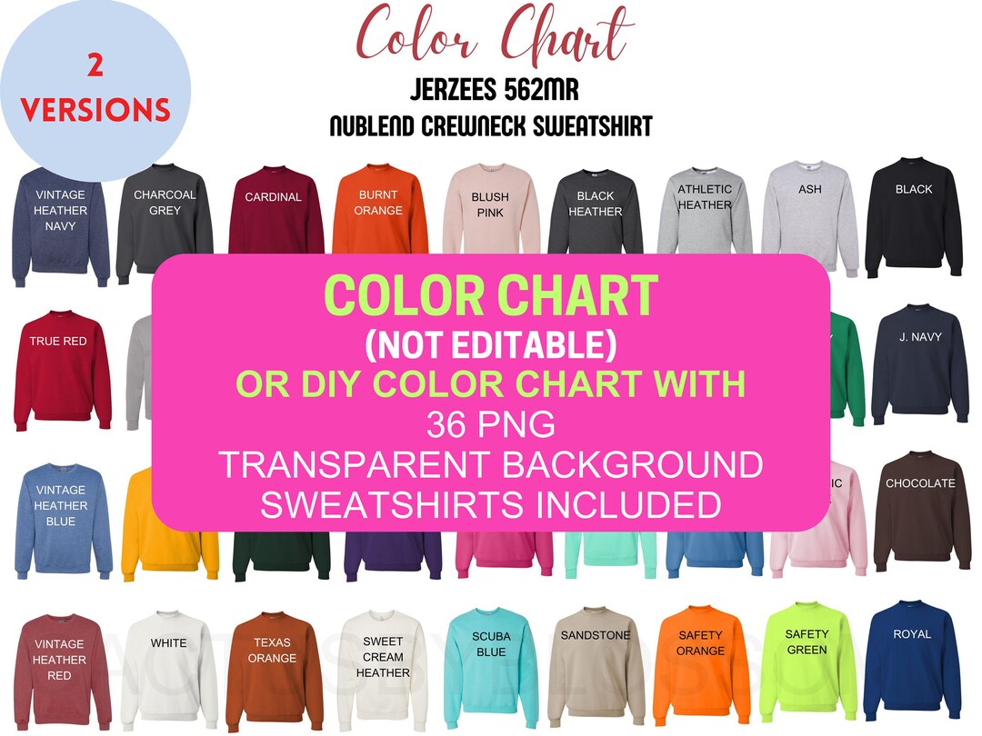 3 Color Chart DIY Chart Jerzees 562MR Mockup Etsy Tool Nublend Crewneck ...