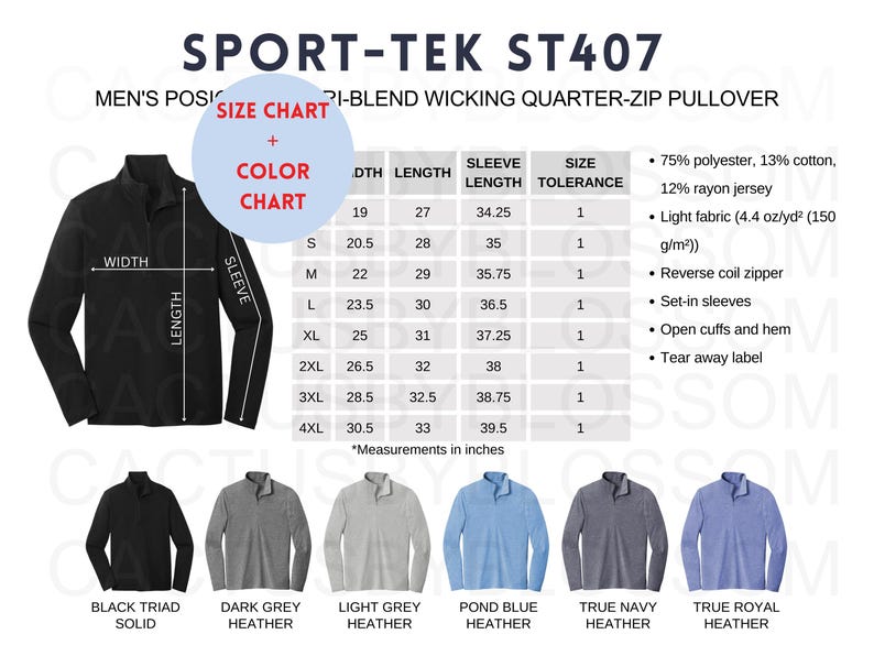 BUNDLE Size Chart Color Chart Sport-tek ST407 Men's Posicharge Tri ...