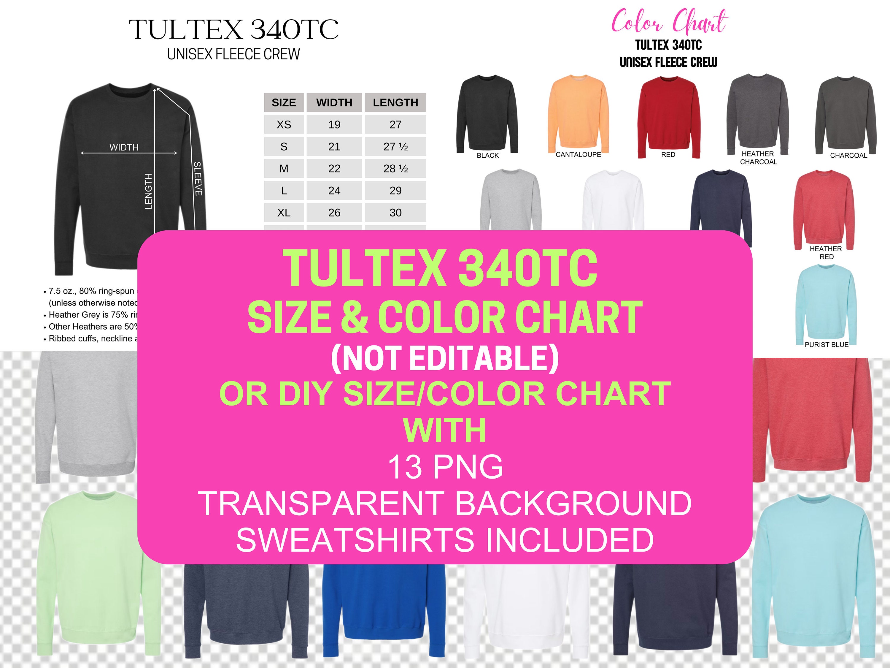 BUNDLE Size Chart Color Chart DIY Chart Tultex 340TC Mockup Unisex ...