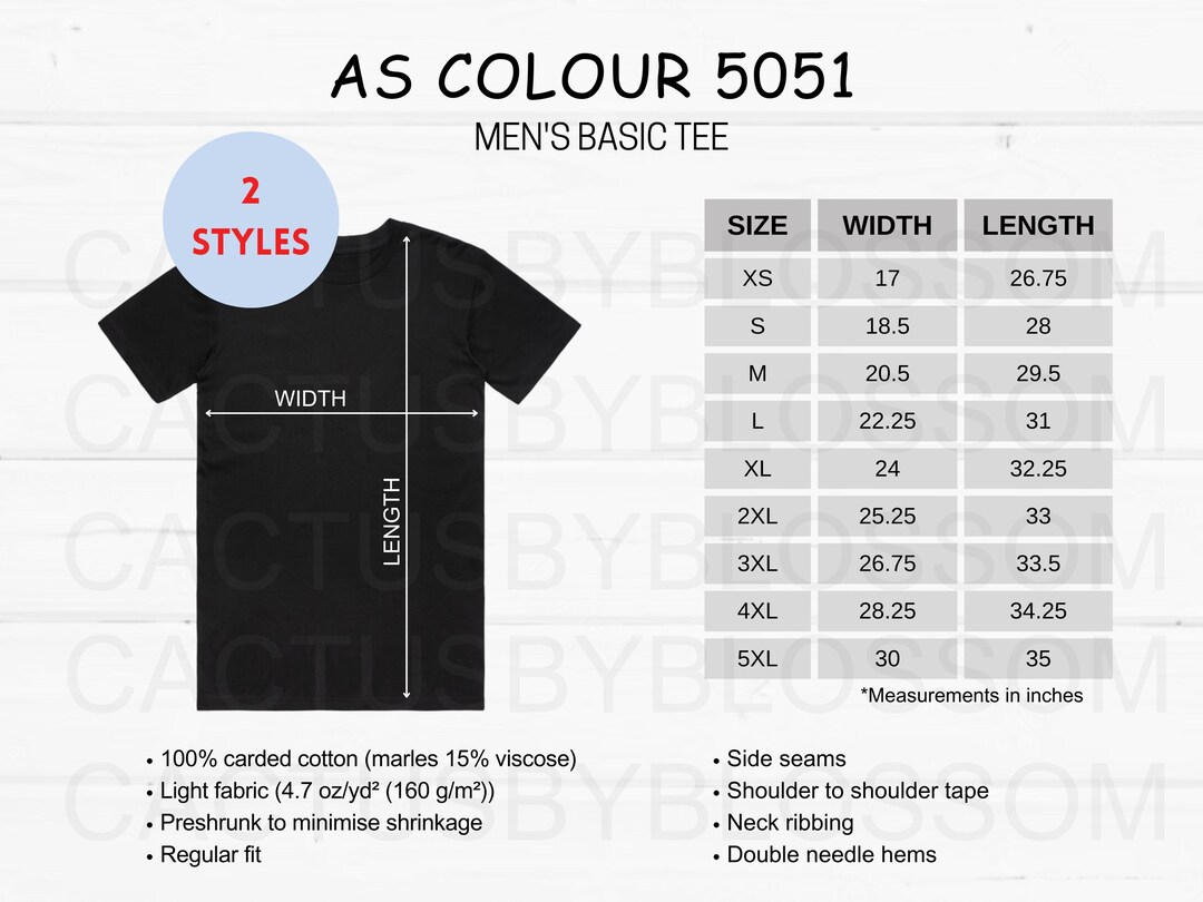 2 Size Chart AS COLOUR 5051 Men's Basic Tee Etsy Listing Tool Mockup ...